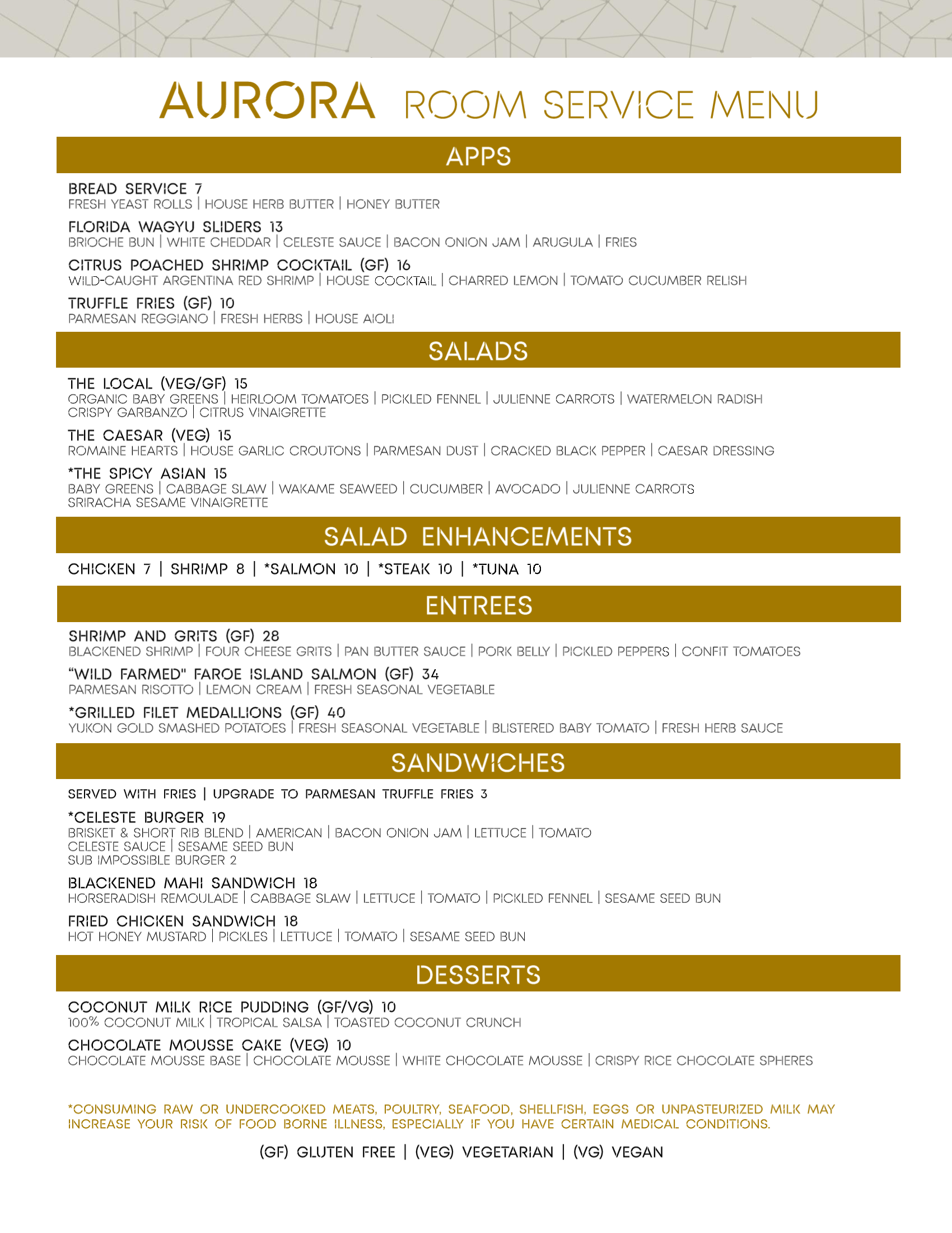 Resort Room Service Menu